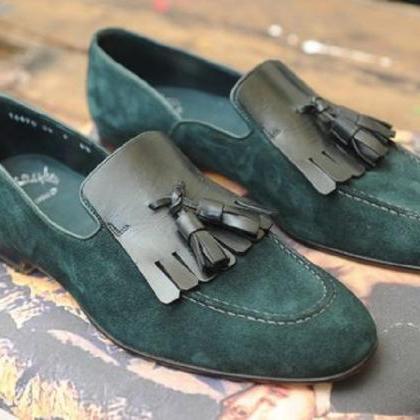 Green Tassel Loafer Apron Toe Premium Suede Leather Handmade Formal ...