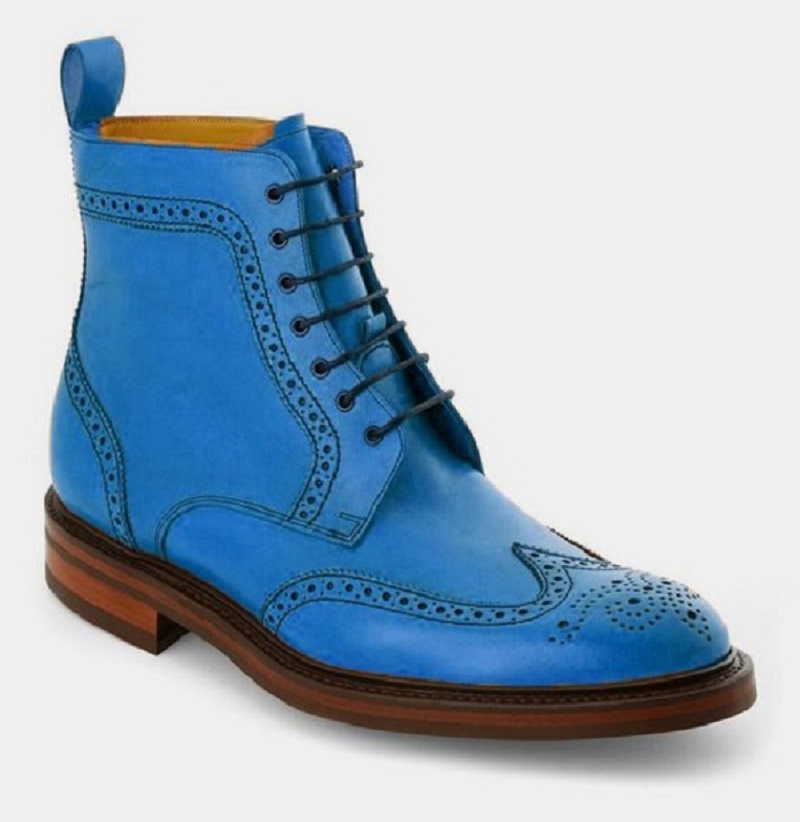 Men Derby Handmade Blue Real Cowhide Leather Medallion Wingtip Laces ...