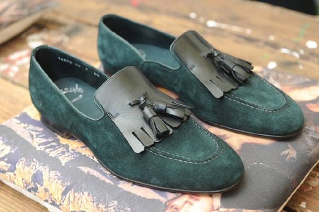 Green Tassel Loafer Apron Toe Premium Suede Leather Handmade Formal ...