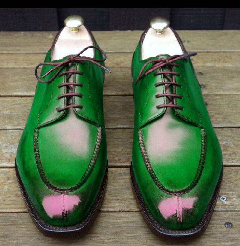 Customize Split Moc Toe Green Patina Premium Cowhide Leather Derby ...